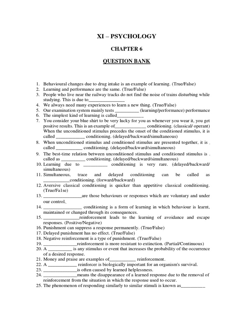 Learning - CBSE 11 Psychology - Question Bank | Download Free PDF ...