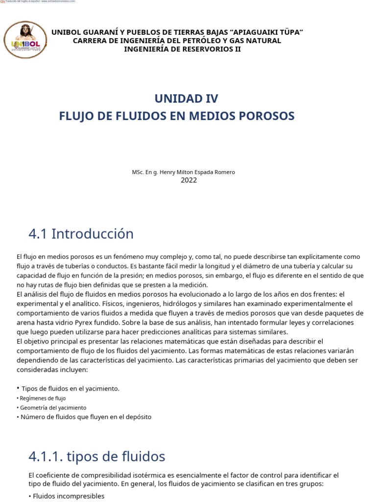 Unidad IV Flujo de Fluidos en Medios Porosos (2) .En - Es | PDF | Gases | Líquidos