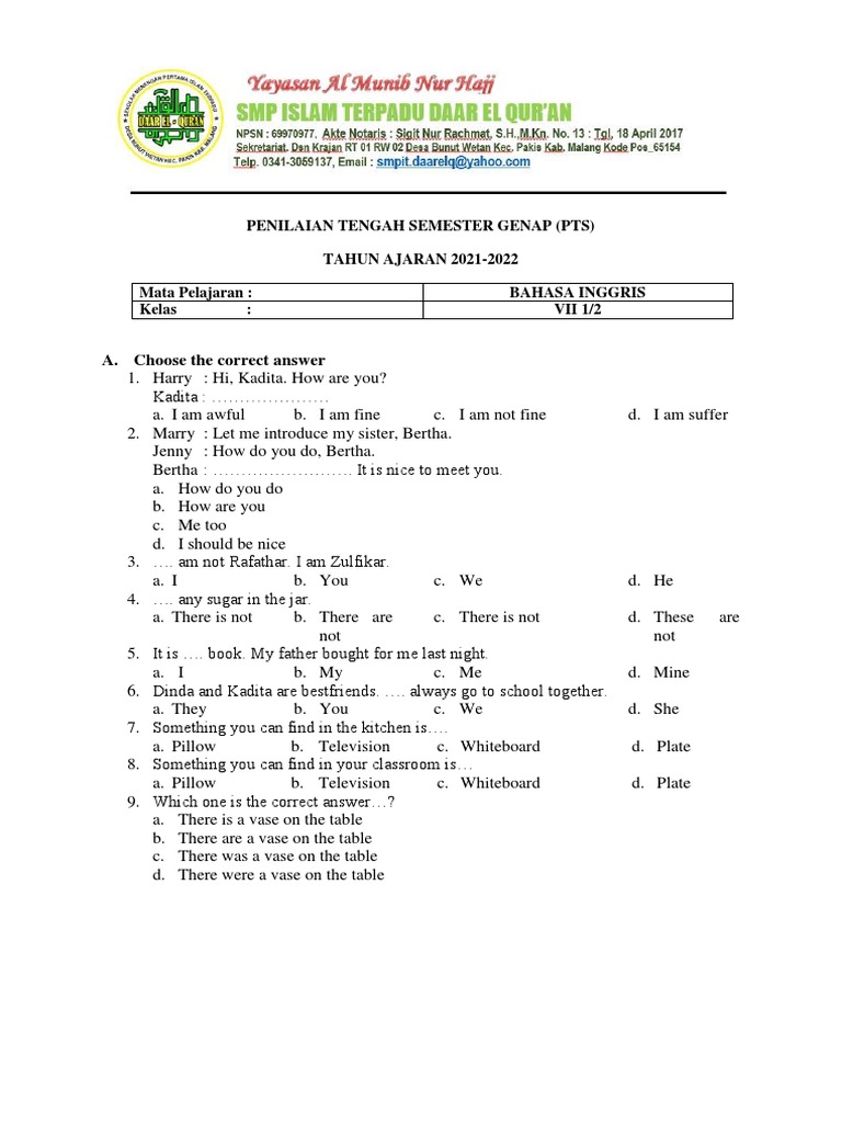 Assessing Student Progress: Mid-Semester Exam for 7th Grade English ...