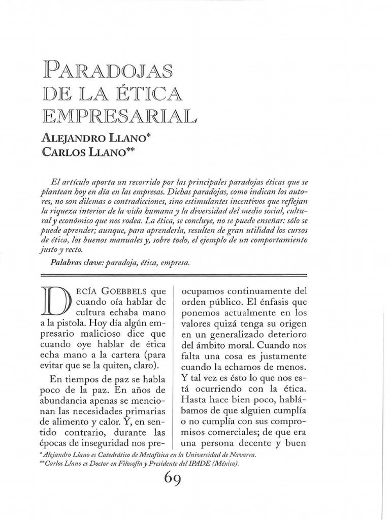 Paradojas de La Etica Empresarial - Alejandro Llano | PDF | Business ...