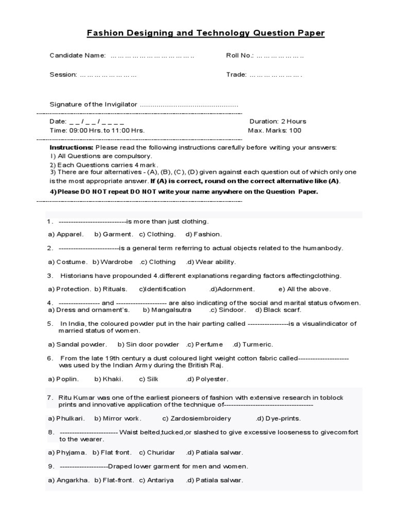 Fashion Designing and Technology Question Paper | PDF | Clothing | Fashion
