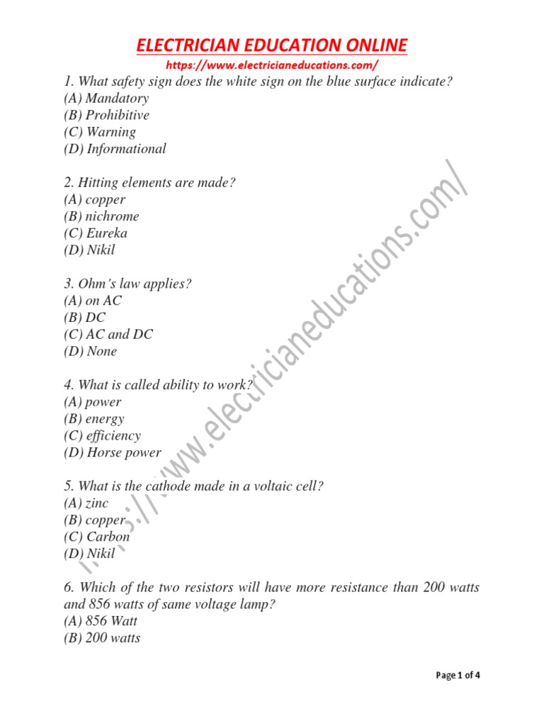 Electrician Objective Type Question Answer in English - Series-04 | PDF ...