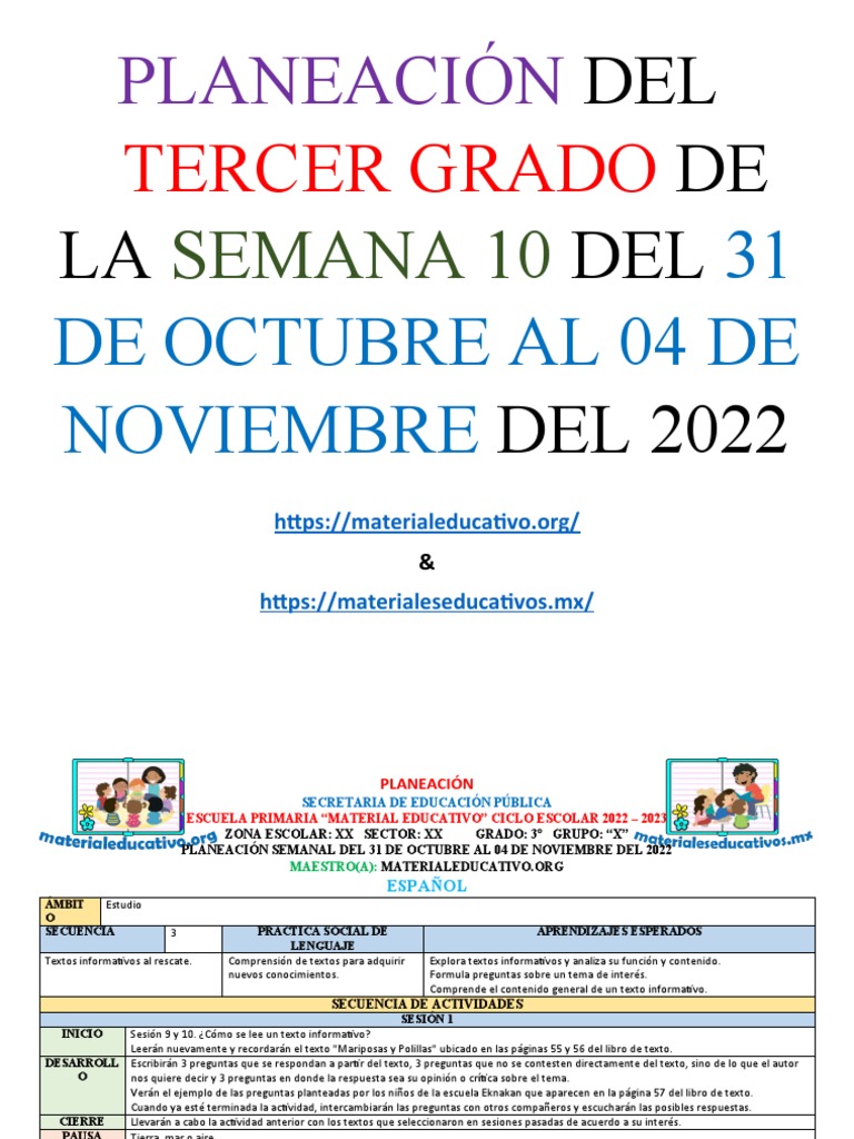 Planificación semanal de actividades para el tercer grado centradas en ...