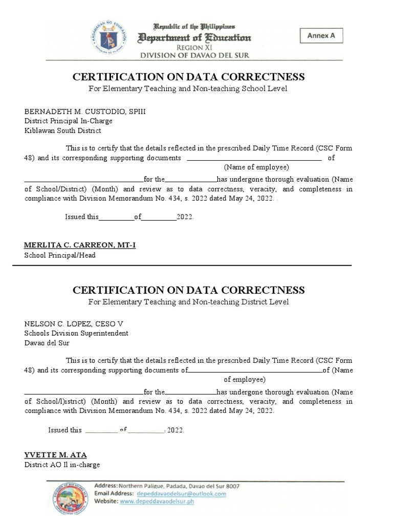 Certification On Data Correctness Pdf