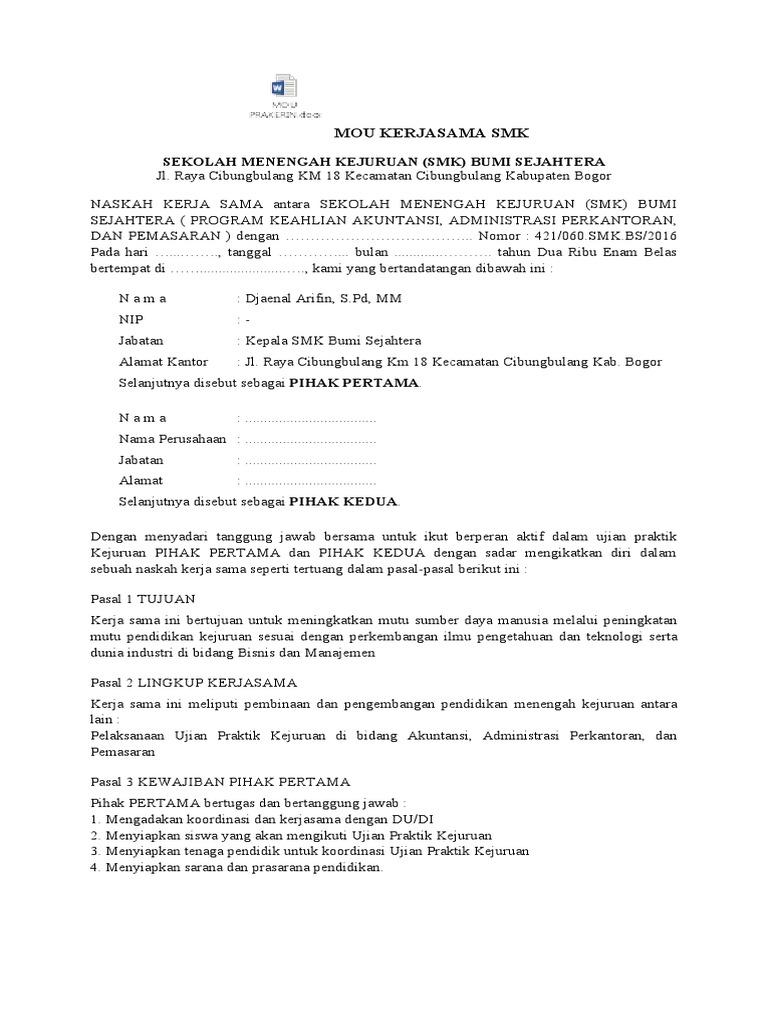 MOU Kerjasama SMK 2 | PDF