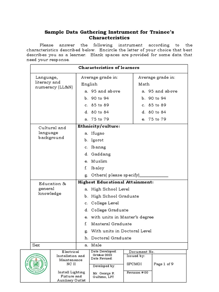 EIM-Pre-Assessment Tools | PDF | Electrical Wiring | Cognitive Science