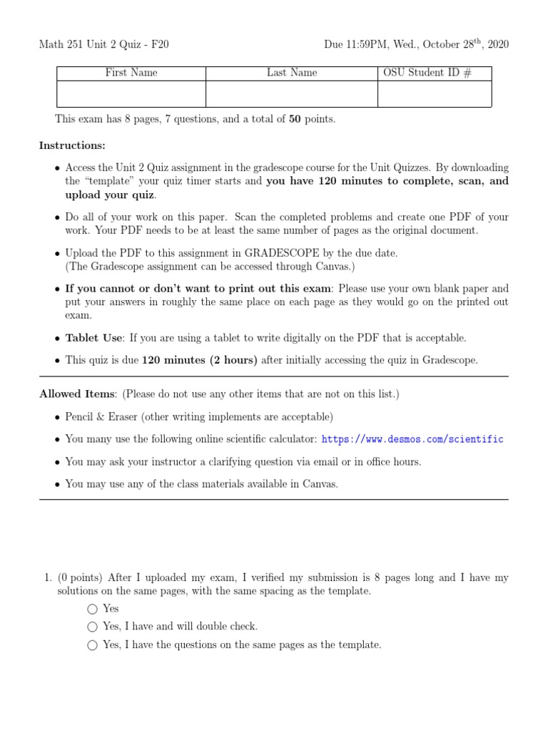 Math 251 Unit 2 Quiz - F20 Key Details | PDF | Maxima And Minima | Test ...