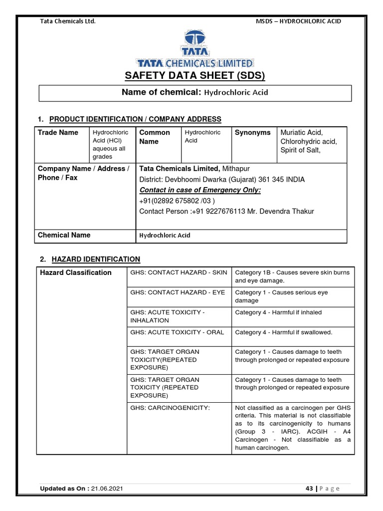 Msds of HCL | PDF | Respiratory System | Hydrochloric Acid