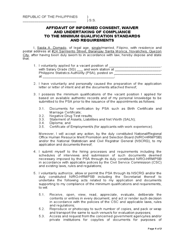 Affidavit of Informed Consent, Waiver and Undertaking of Compliance To ...