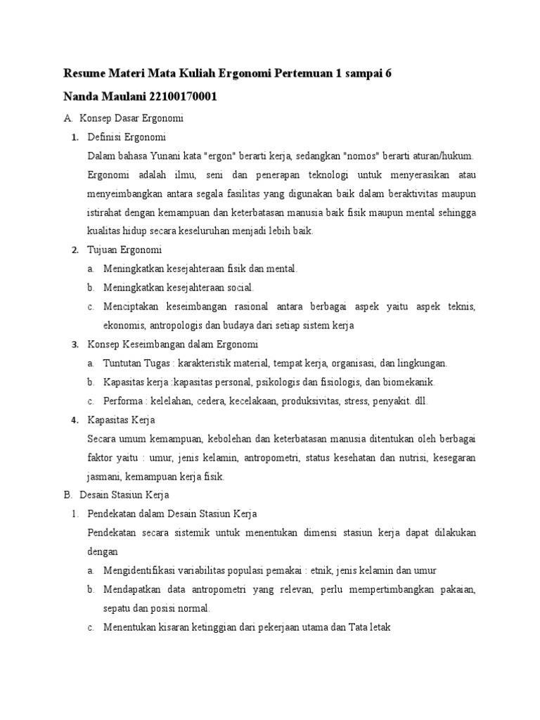 Resume Materi Mata Kuliah Ergonomi Pertemuan 1 Sampai 6 | PDF