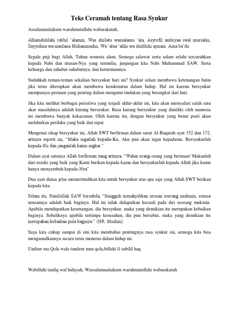 Teks Ceramah Tentang Rasa Syukur | PDF