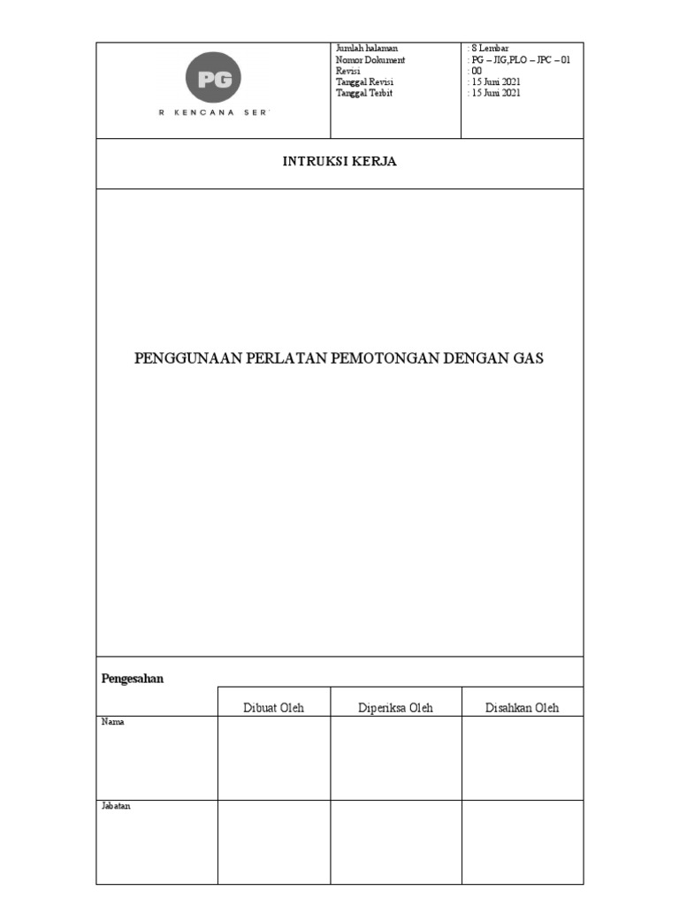 1.PG-JIG, PLO-JPC-01 Penggunaan Peralatan Pemotongan Dengan Gas | PDF