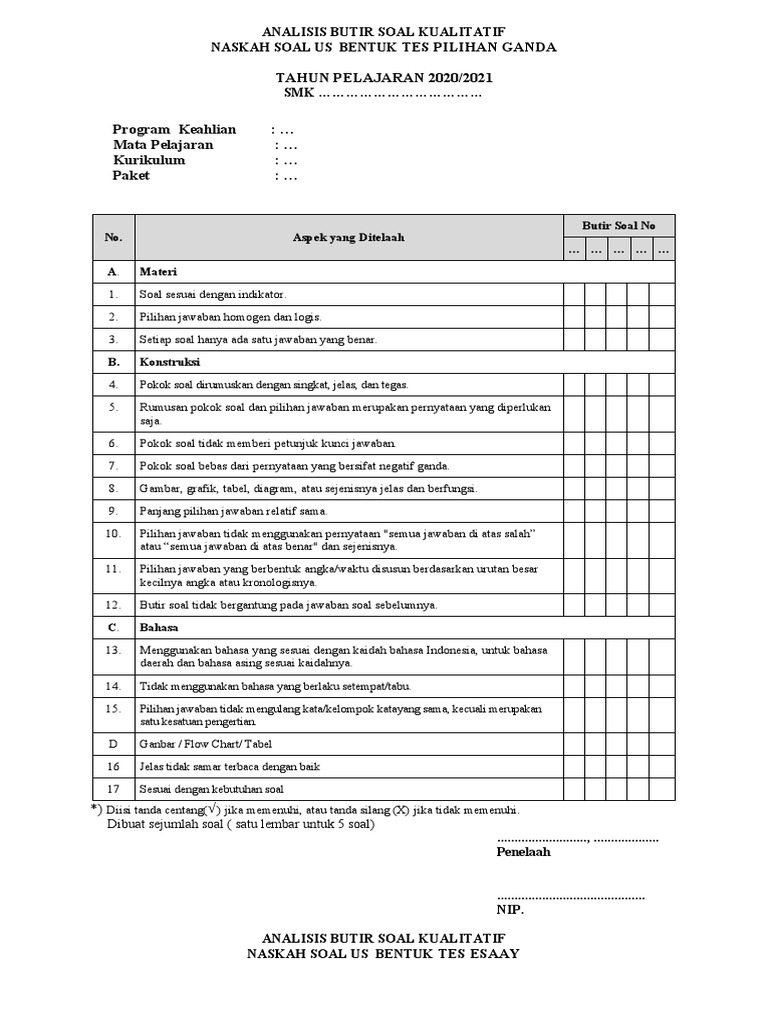 4 Instrumen Telaah Soal - Analisis Kualitatif Butir Soal | PDF | Karier ...