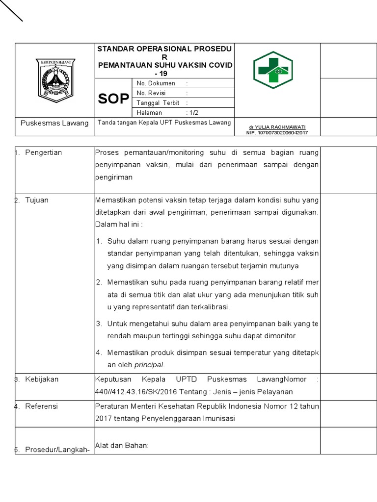 Sop Pemantauan Suhu Vaksin Covid 19 | PDF