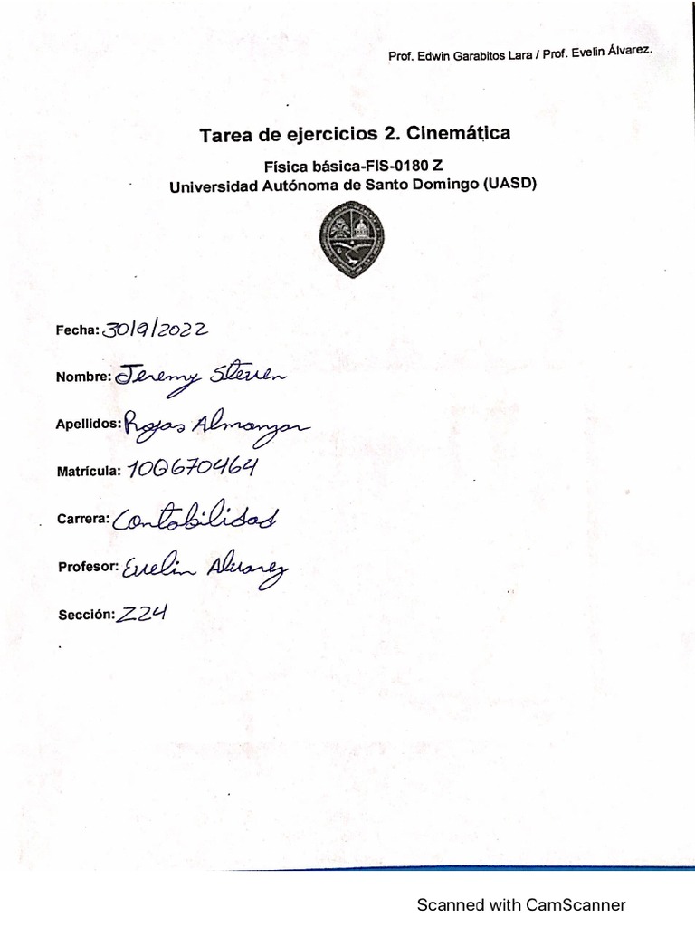 Tarea de ejercicios 2. Cinemática | PDF