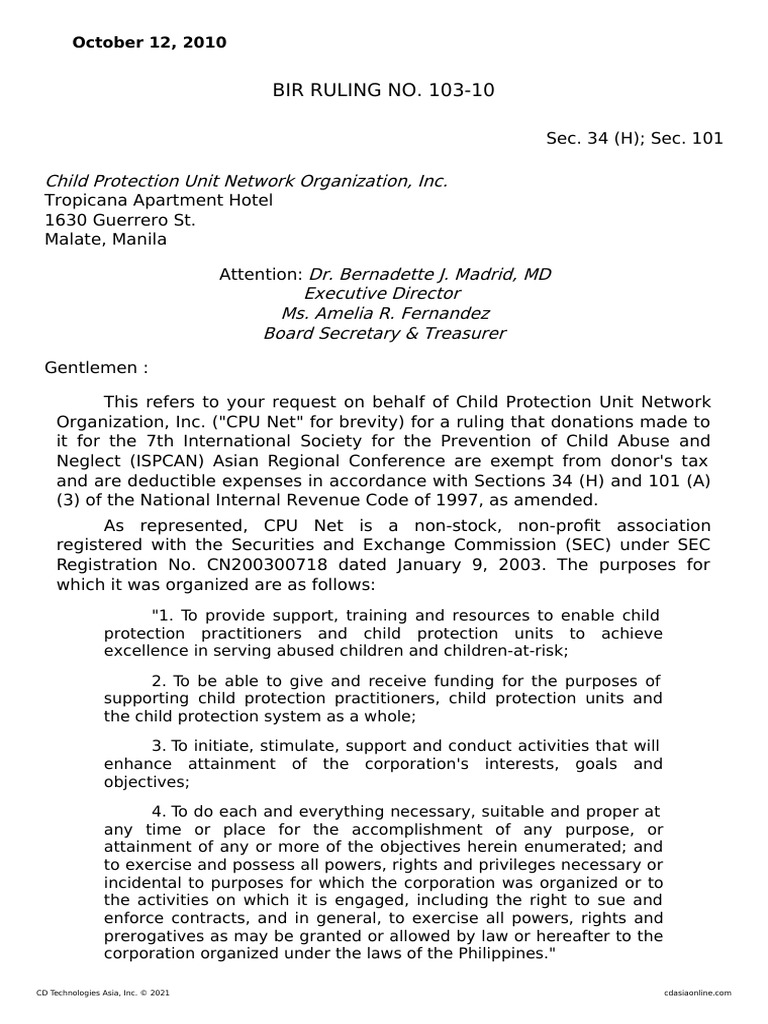 BIR Ruling on Donations to CPU Net | PDF | Tax Deduction | Taxes