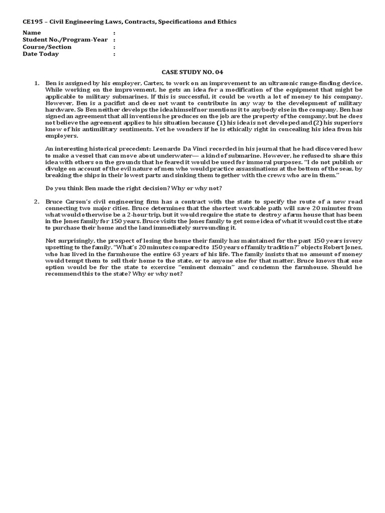 CE195 - Civil Engineering Laws, Contracts, Specifications and Ethics Name: Student No./Program ...