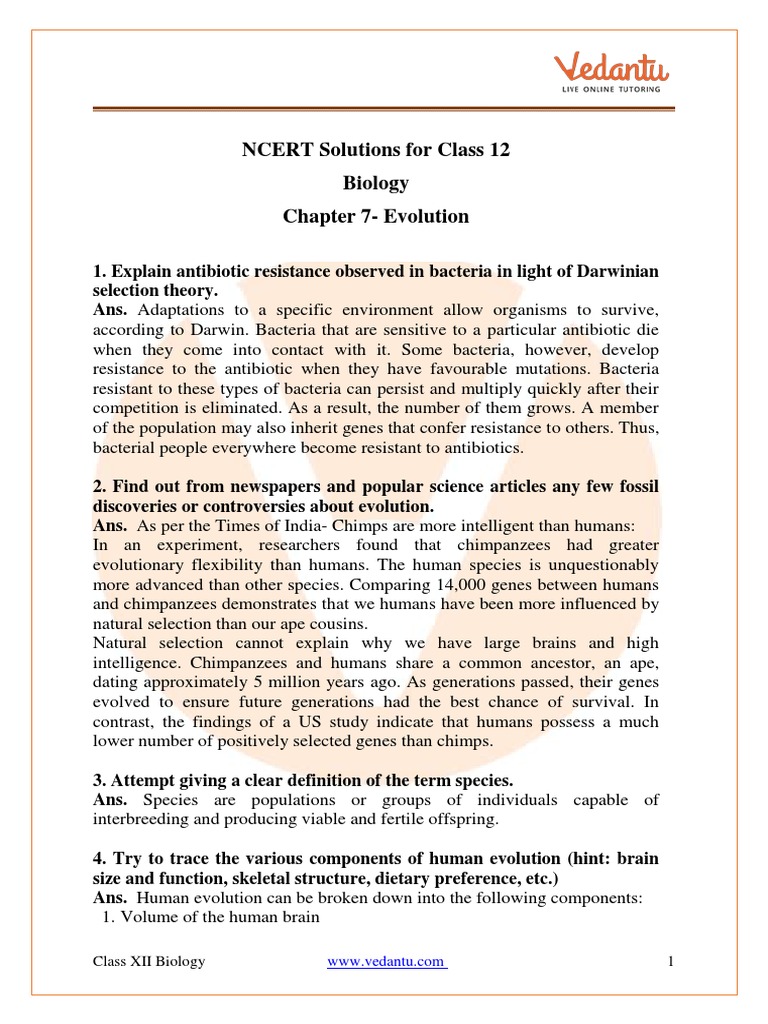 Class 12 - Biology - Evolution | PDF | Evolution | Natural Selection