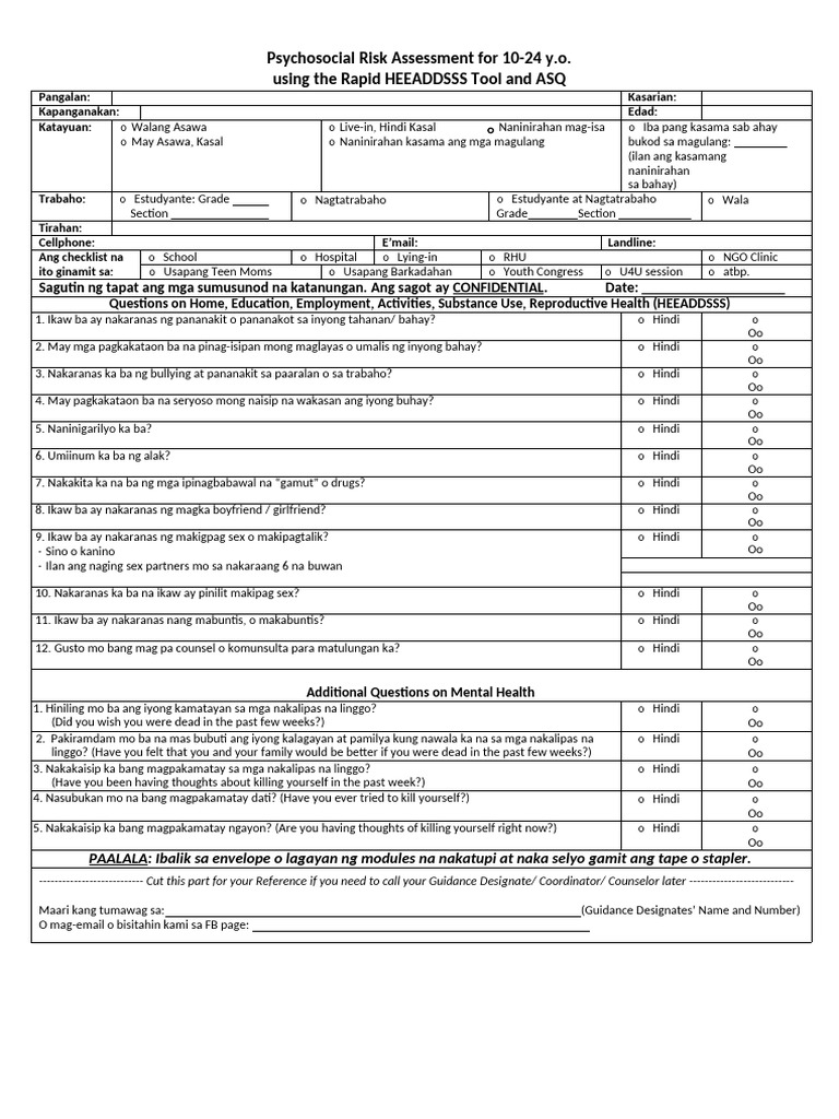 Revised Rapid HEEADDSS Assessment Tool and ASQ For ARH and MH Screening ...