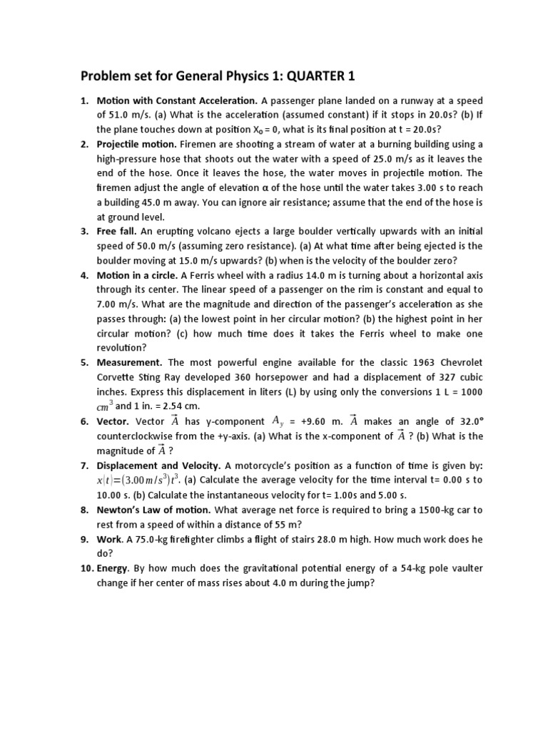 General Physics 1 Problem Set: Quarter 1 | PDF | Acceleration | Velocity