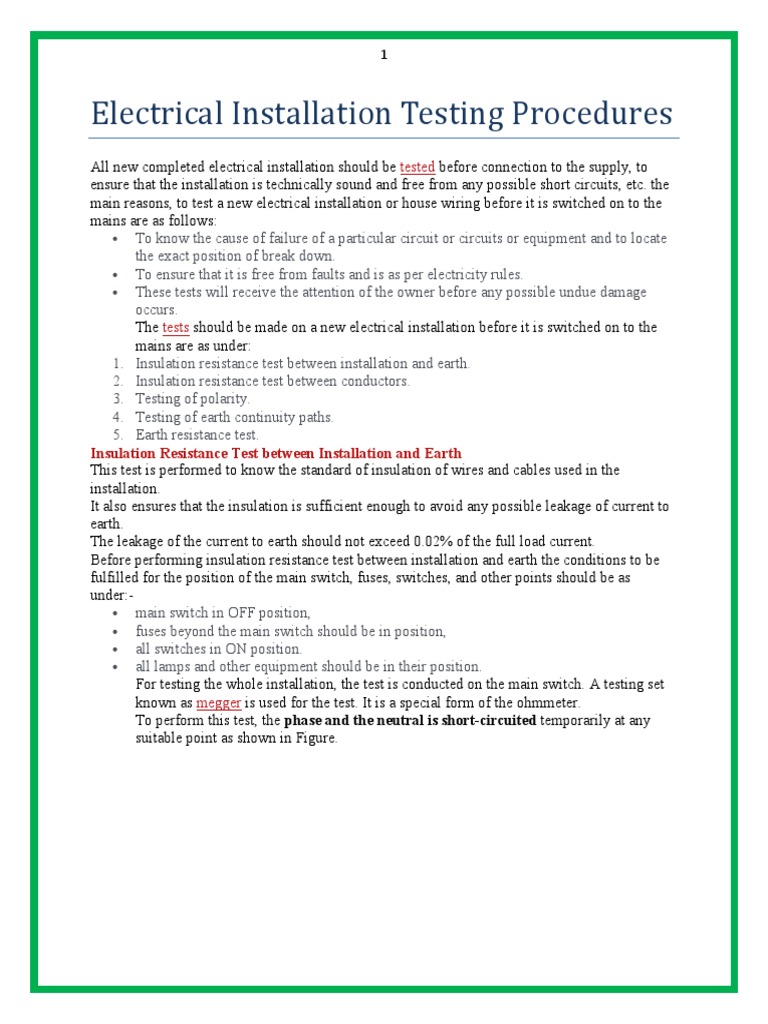 Electrical Installation Testing Procedures | PDF | Electrical Wiring ...