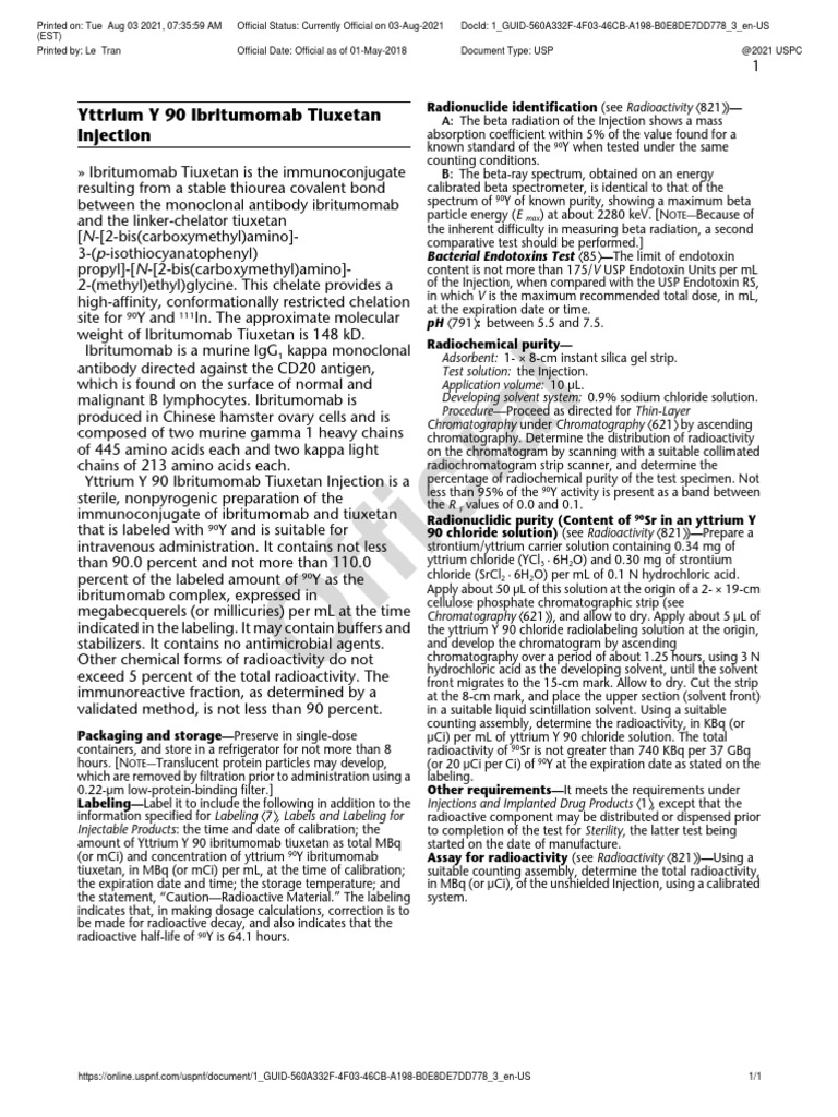 Yttrium Y 90 Ibritumomab Tiuxetan Injection | PDF | Chromatography | Radioactive Decay