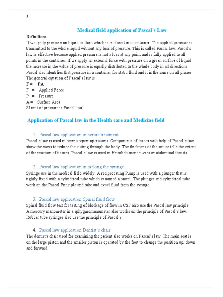 Pascal Law Use in Medical Field | PDF | Pressure | Gases