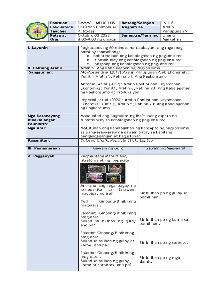 Detailed Lesson Plan (Kahalagahan NG Pagkonsumo) | PDF