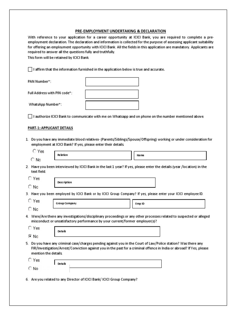 ICICI Bank Pre-Employment Declaration Form | PDF | Employment | Legal ...