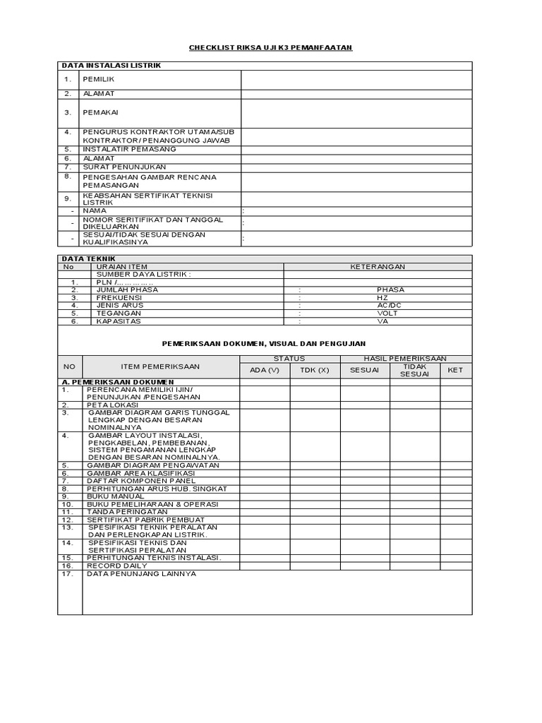 Checklist Riksa Uji K3 Listrik | PDF | Teknologi & Rekayasa