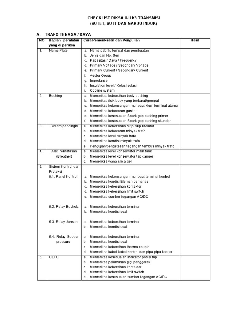 Checklist Riksa Uji K3 Transmisi | PDF | Teknologi & Rekayasa