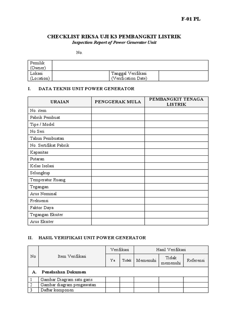 Checklist Riksa Uji K3 Pembangkit Listrik | PDF