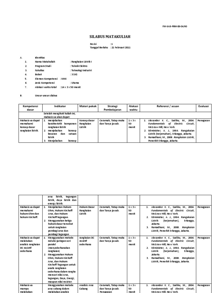 Silabus Rangkaian Listrik I TF1202 | PDF | Sains & Matematika