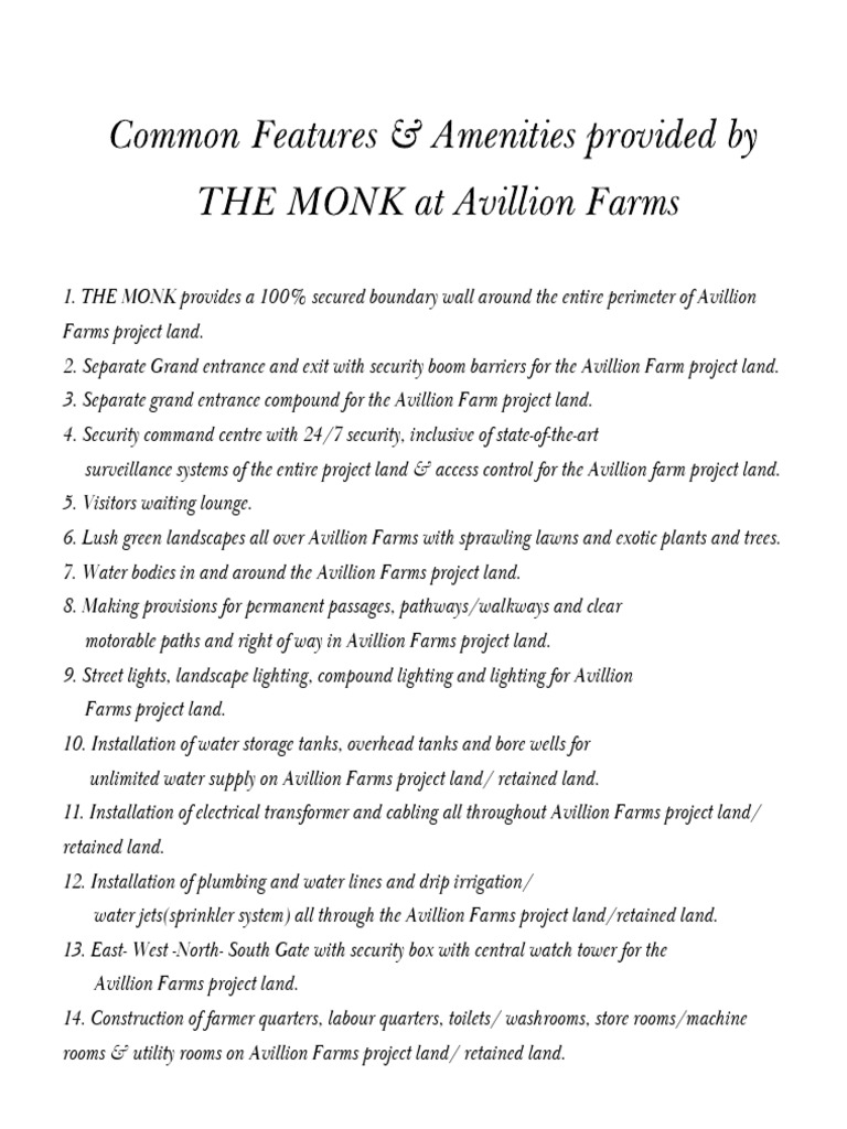 Common Features & Amenities Provided by THE MONK | PDF