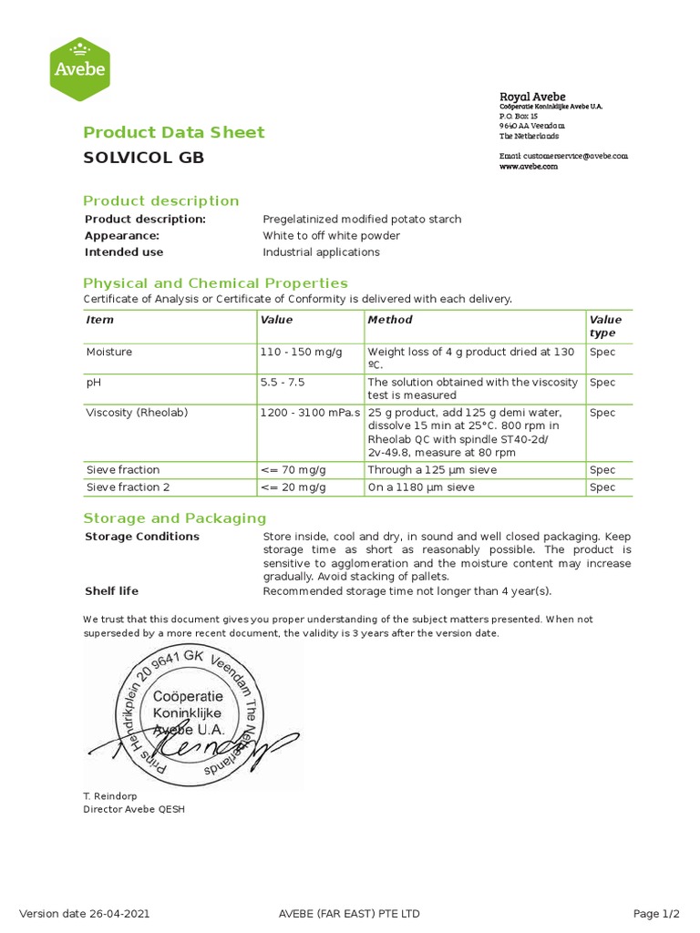 SOLVICOL GB - PDS Industrial - AVEBE FAR EAST PTE LTD 9389 | PDF ...