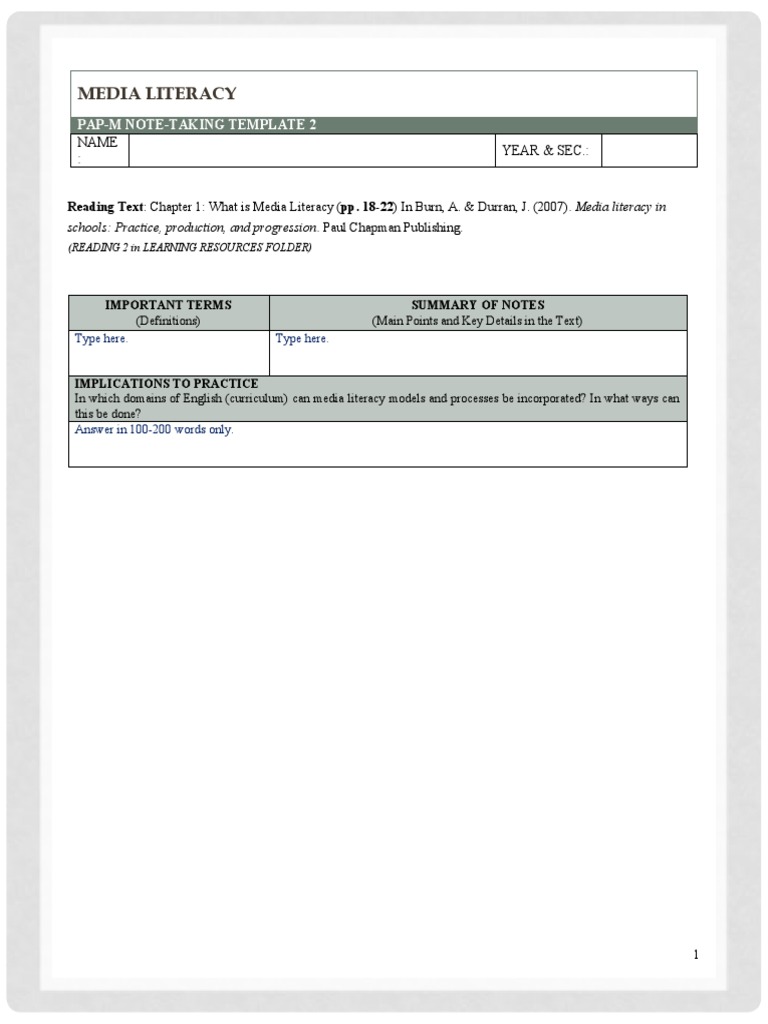 Media Literacy Note-Taking Template | PDF
