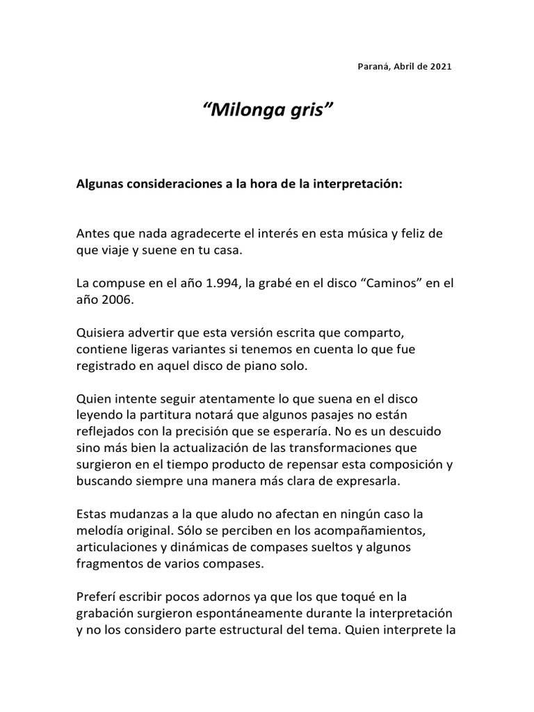 Milonga Gris - Consideraciones para Su Interpretación. | PDF | Ritmo | Piano