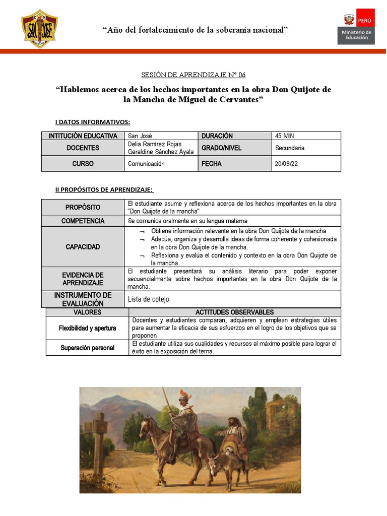 Sesión de Aprendizaje - Don Quijote de La Mancha | PDF | Don Quijote ...