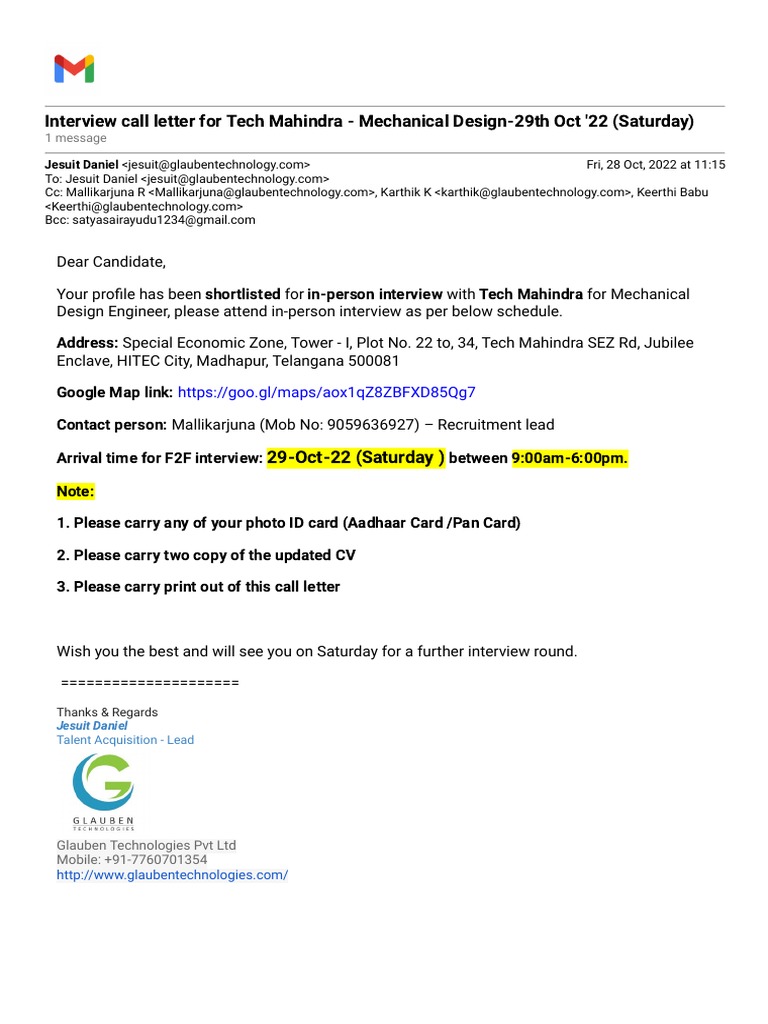 Gmail - Interview Call Letter For Tech Mahindra - Mechanical Design ...