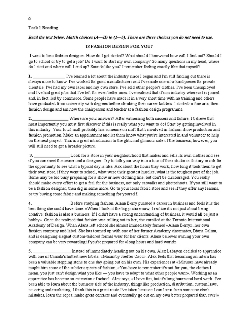 Read The Text Below. Match Choices (A-H) To (1-5) - There Are Three Choices You Do Not Need To ...