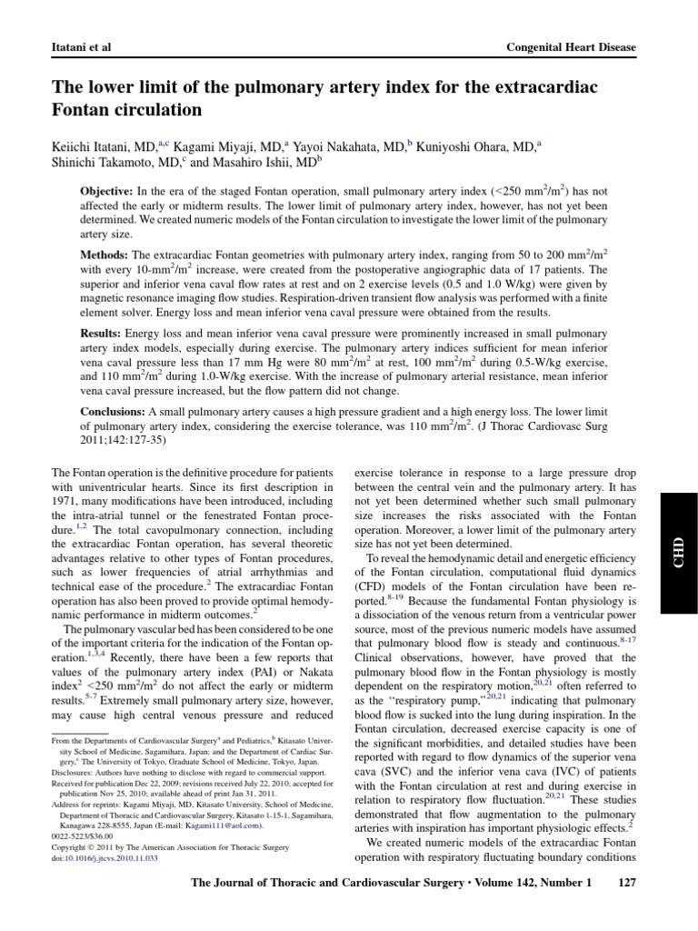Pulmonary Artery Index (McGoon, Nakata) Extracardiac Fontan Circulation ...