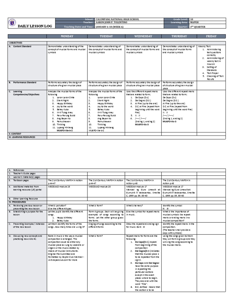 Example MAPEH DLL | PDF | Musical Forms | Cognitive Science
