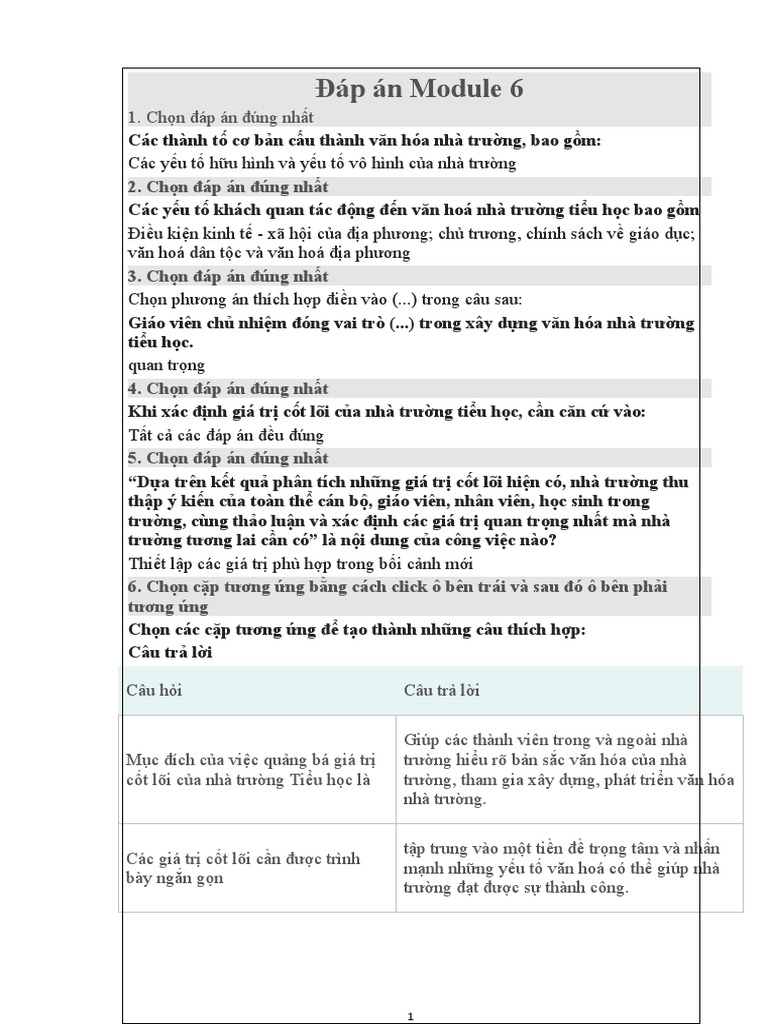 Dap An Module 6 7 8 Tieu Hoc 1 | PDF