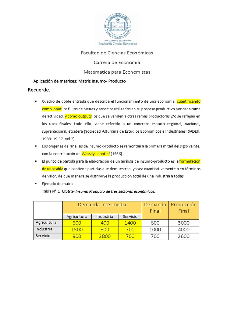 2 - Matrices - Matriz Insumo - Producto PDF | PDF | Finanzas y dinero | Tecnología
