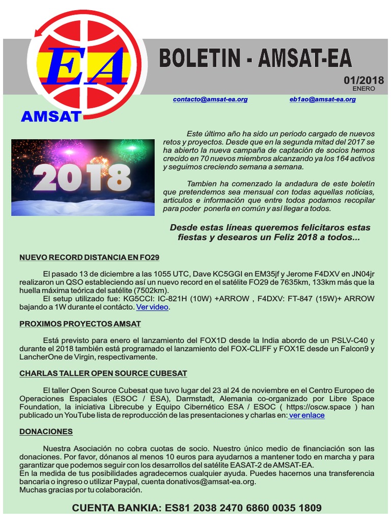 AMSAT EA Boletin - 01 2018 | PDF | Agencia Espacial Europea | Espacio exterior