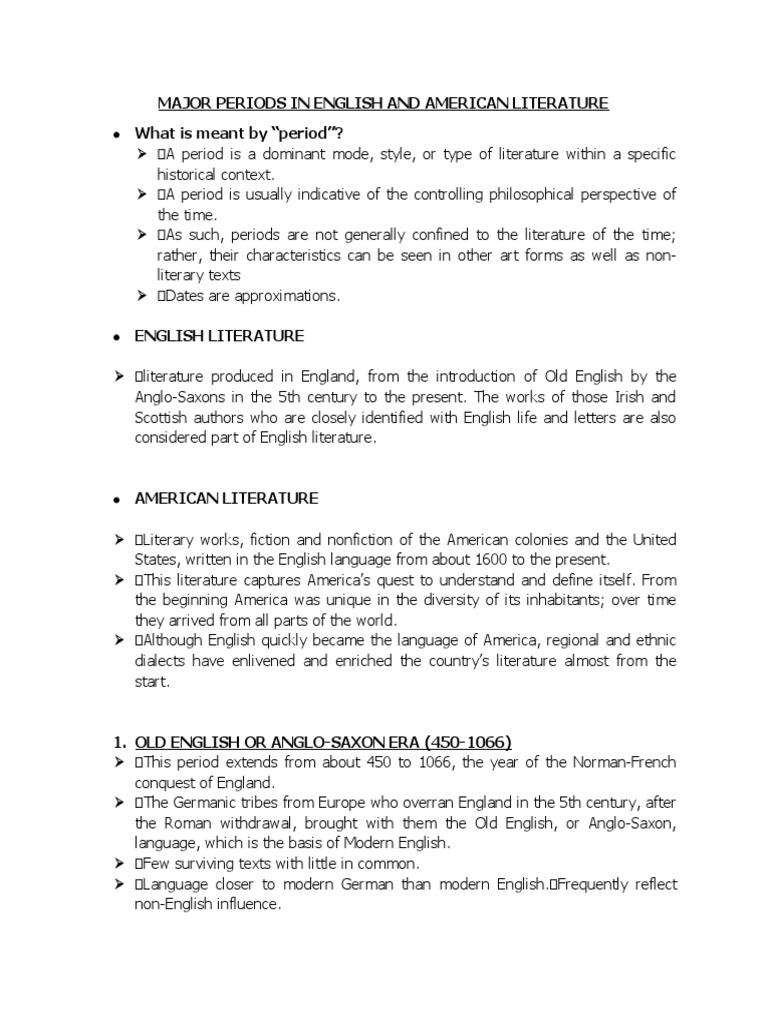 Major Periods in English and American Literature | PDF ...