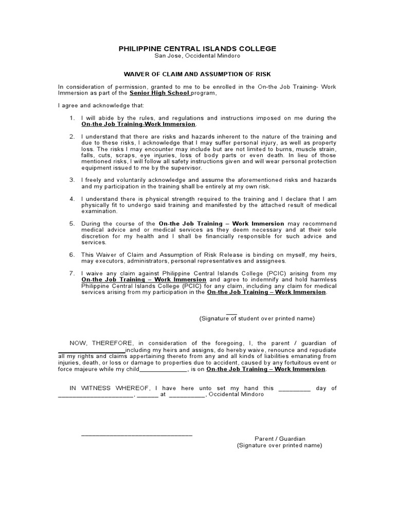 OJT - WAIVER of Parents 2022 - Obar | PDF | Indemnity | Legal Concepts