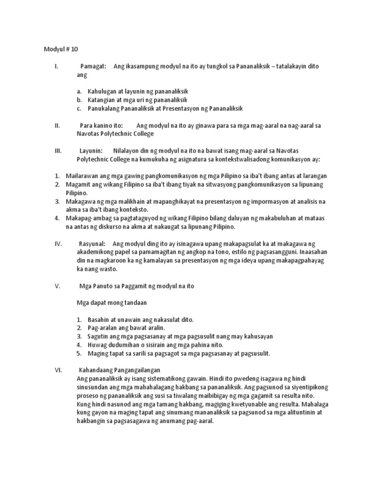 Kontekstwalisadong Komunikasyon Sa Filipino - Modyul 10 | PDF