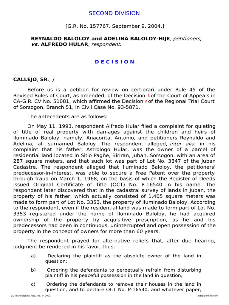 Quieting of Title Dispute: Baloloy vs. Hular | PDF | Lawsuit | Complaint