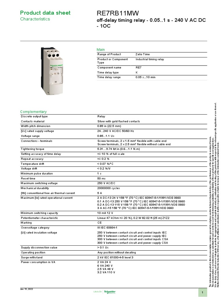 Product data sheet for RE7RB11MW off-delay timing relay | PDF | Relay ...